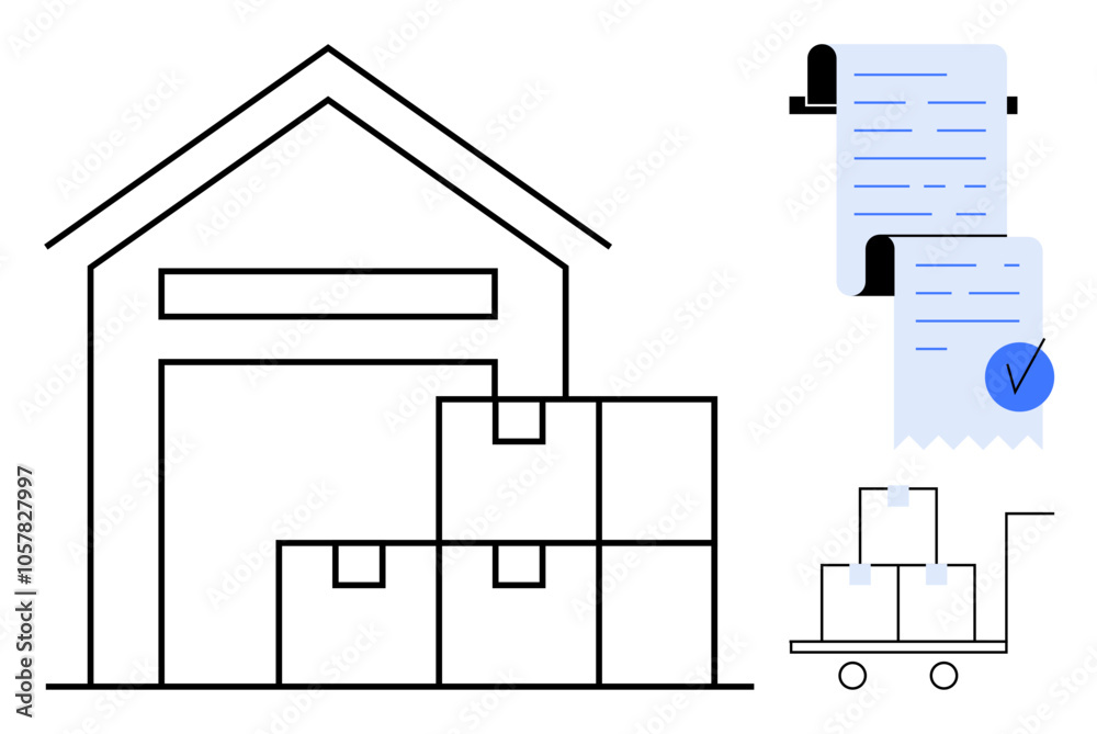 Warehouse outline with stacked boxes, a hand truck carrying cartons ...