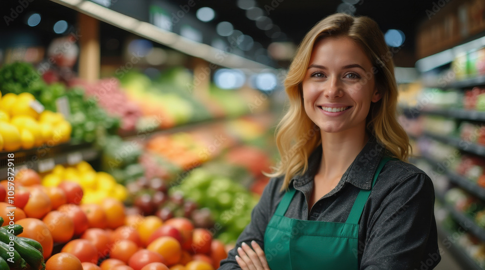 A smiling female produce manager with long bond hair. The displays ...