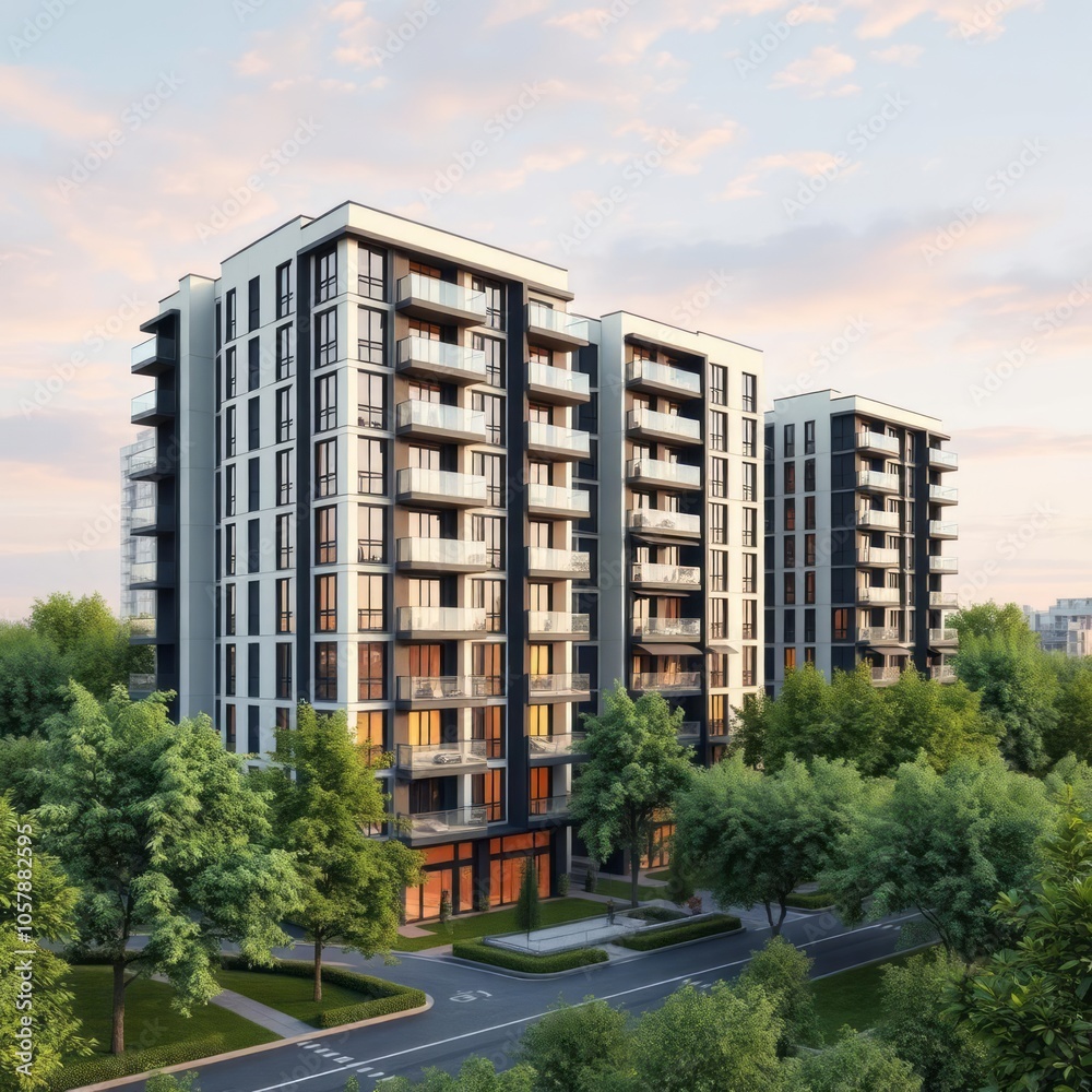 Modern urban apartment buildings, glass and concrete facade, multiple ...