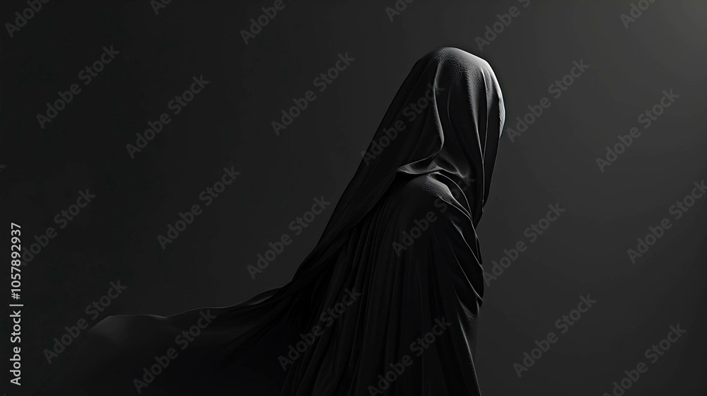 A dark figure stands in the shadows, its face hidden by a black hood ...