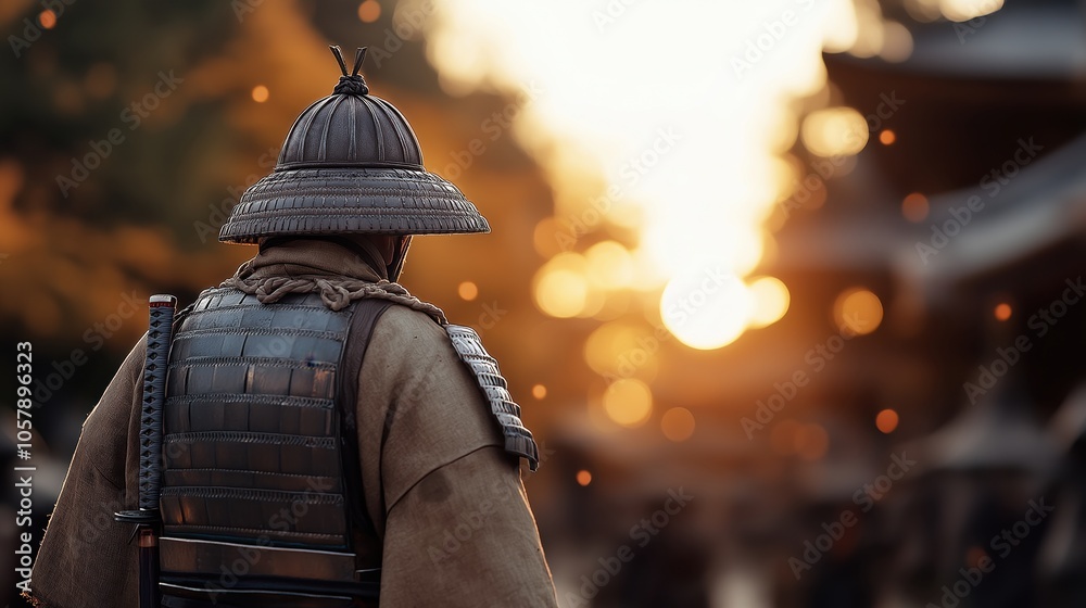 A samurai in traditional armor and helmet stands with a katana, facing ...