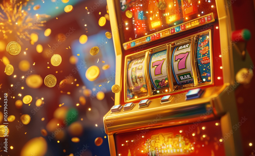 Vibrant scene of a slot machine displaying triple sevens with golden ...