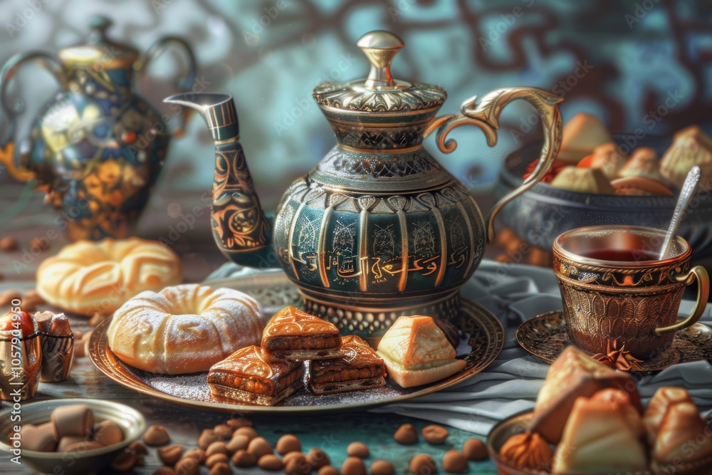 Arabic Eid sweets Maamoul coffee pot chocolate candies holiday card ...