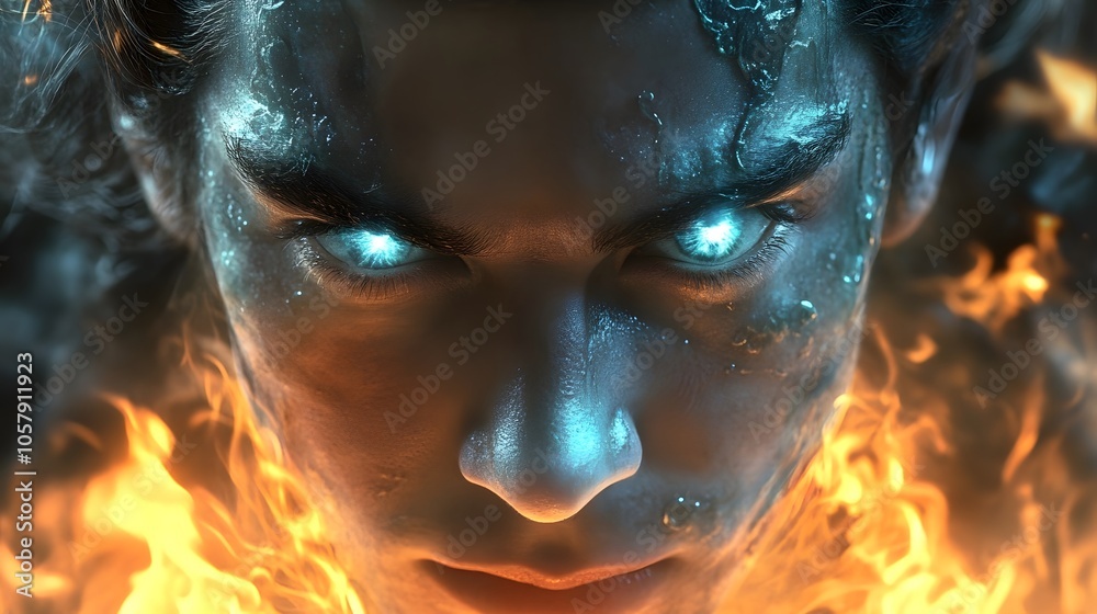 A man with blue eyes and a blue face is surrounded by fire. The man's ...
