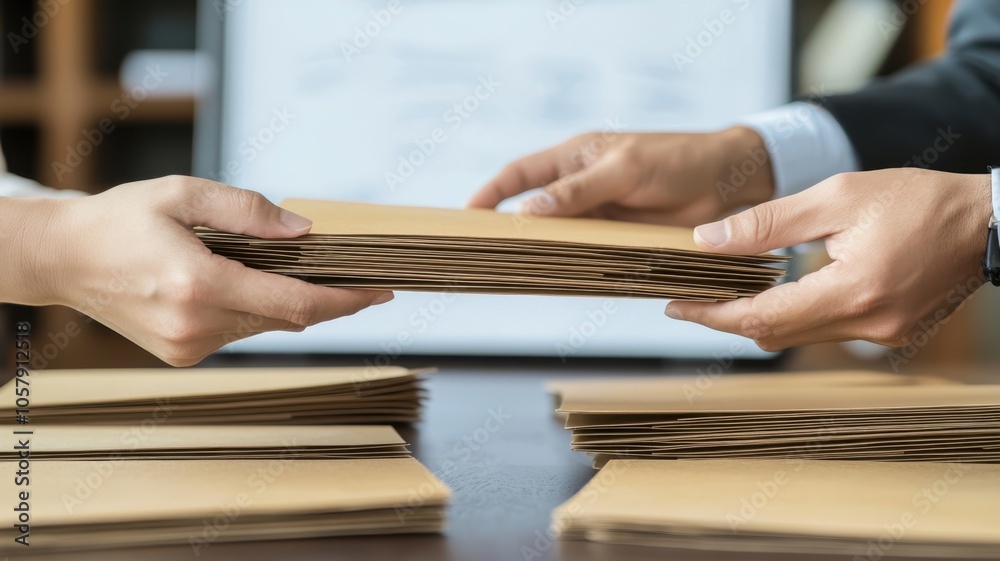 Two hands exchange a stack of paperwork, illustrating teamwork and ...