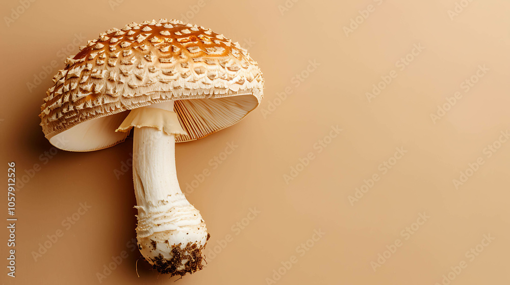 A large, solitary mushroom with a tall stalk. The mushroom has a brown ...