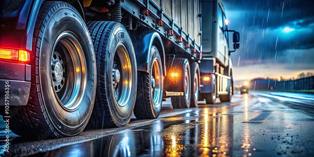 Dynamic Close-Up of Semi-Trailer Truck Front Tires on Wet Night Road ...