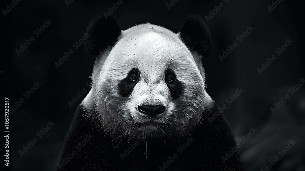 A close up of a panda's face. The panda is looking at the camera with ...