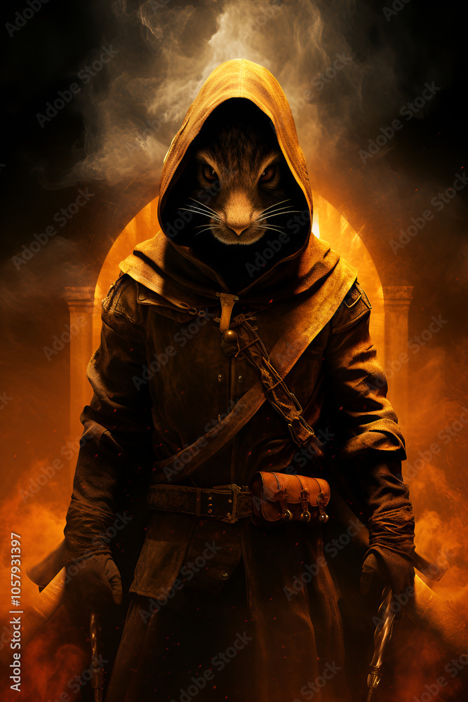 Dark Fantasy Warrior in Hooded Cloak and Armor, Backlit with Fiery Glow ...