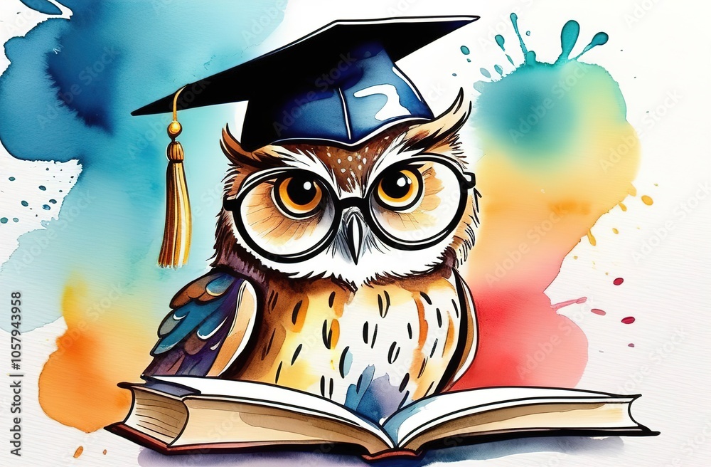 Watercolor Scientist Owl Teacher in Master of Science Cap. Cute Cartoon ...