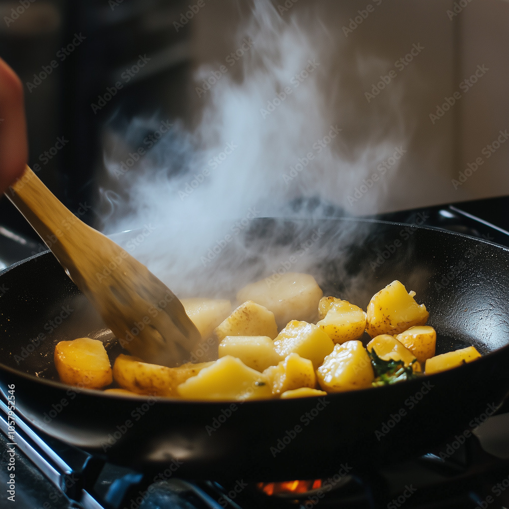 Steaming potatoes being stirred in a frying pan Stock Photo | Adobe Stock