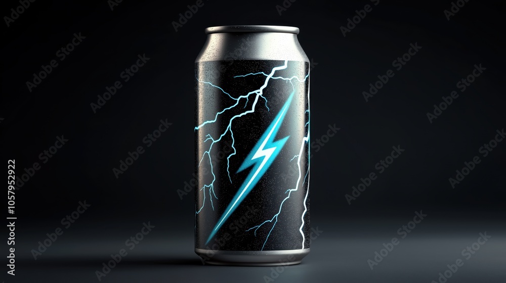 Tall beverage can with lightning bolt design on dark background ...