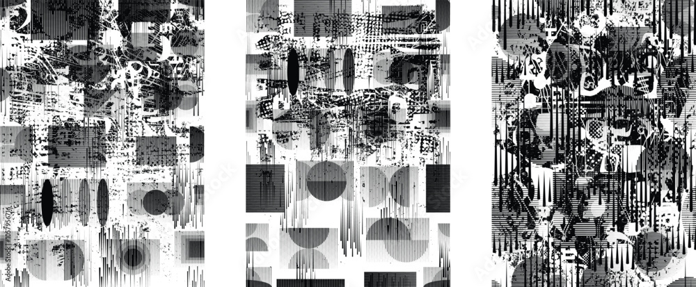 Set of glitch distorted grunge overlay textures. Collection of overlaying textures with halftone ...