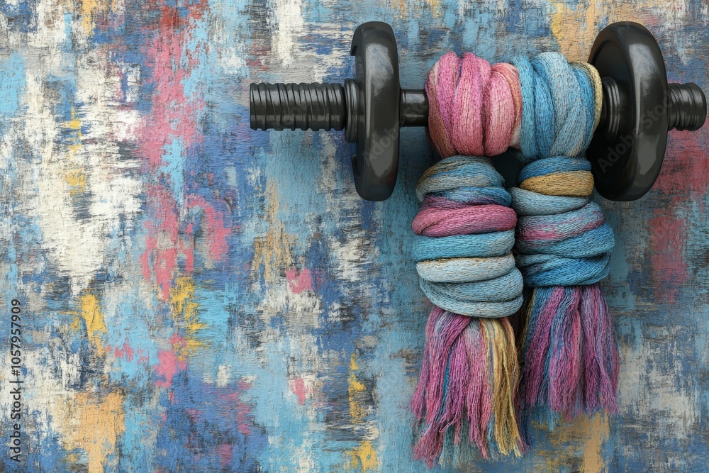 Fitness equipment including colorful dumbbell and sportswear laid on ...
