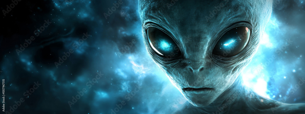 Realistic digital portrait of a sci fi blue alien life form on a dark ...