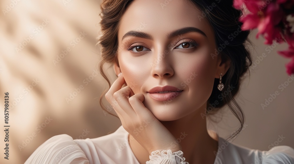 A captivating portrait of a beautiful woman, her hands gently resting ...