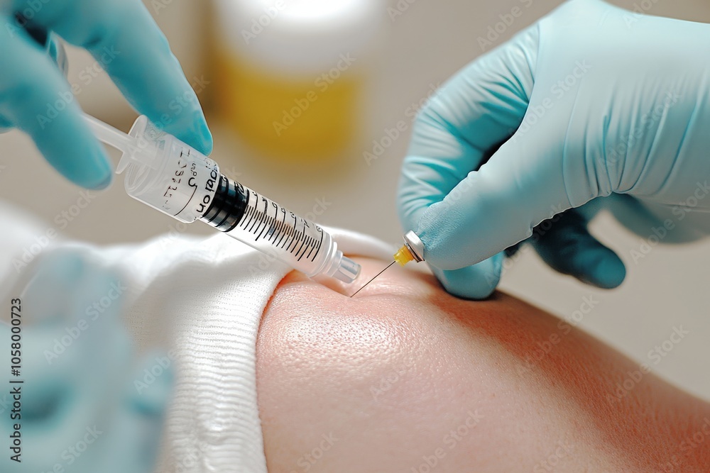 Gloved hands administering syringe injection into patient’s shoulder ...