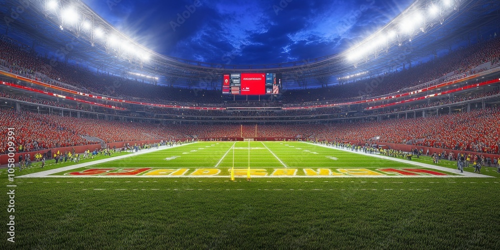 Brightly lit football field under stadium lights at night, green grass ...