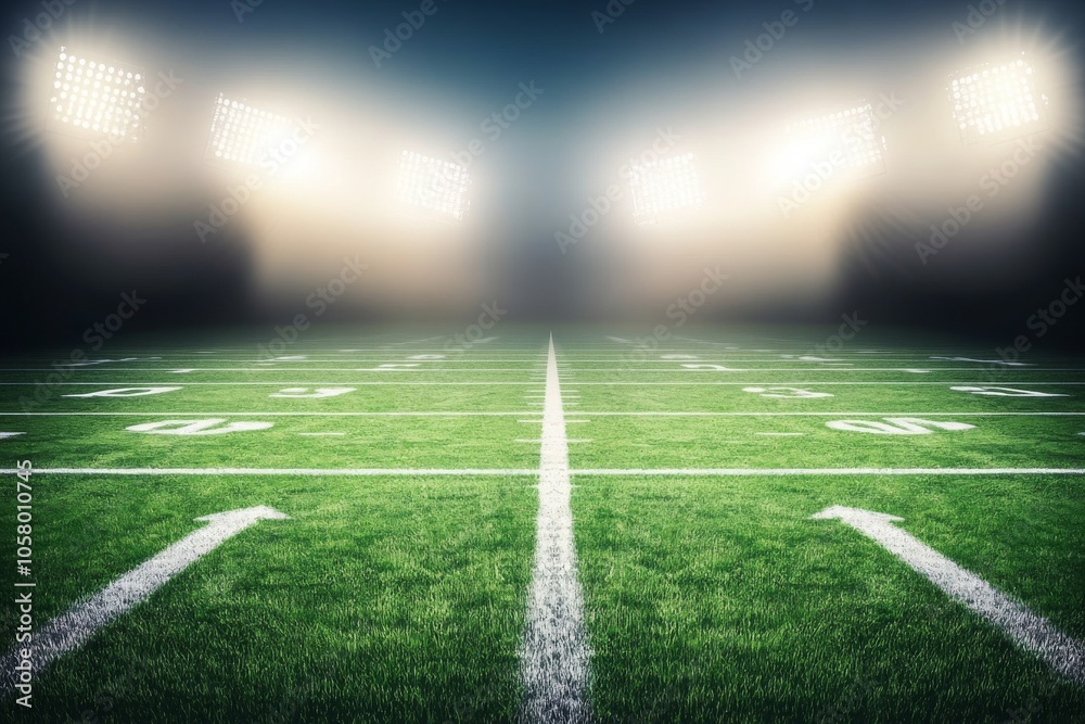 Illuminated football field under bright stadium lights with a night sky ...
