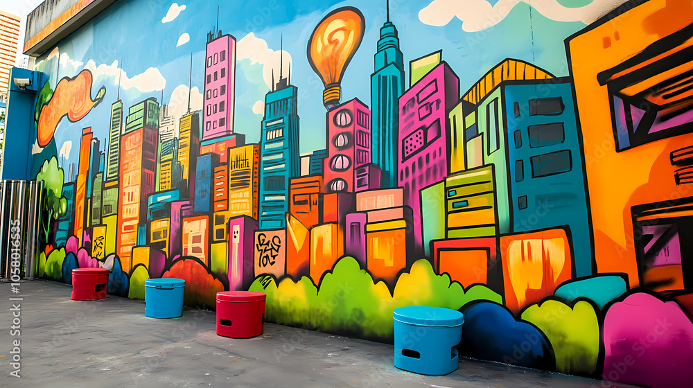 Colorful graffiti mural depicting vibrant city skyline with the words ...