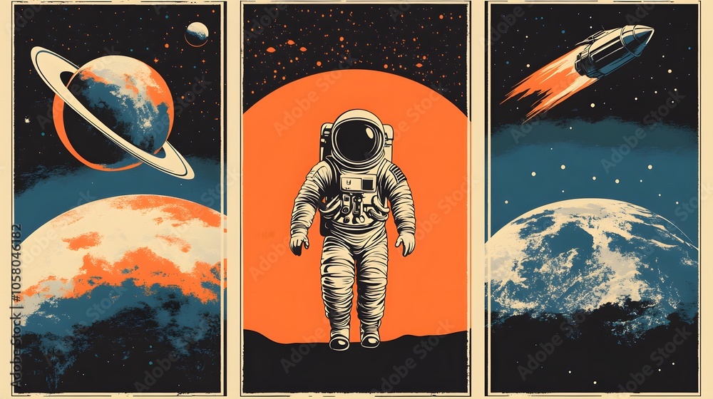 Astronaut in space retro Posters, backgrounds, covers vector set. Space ...