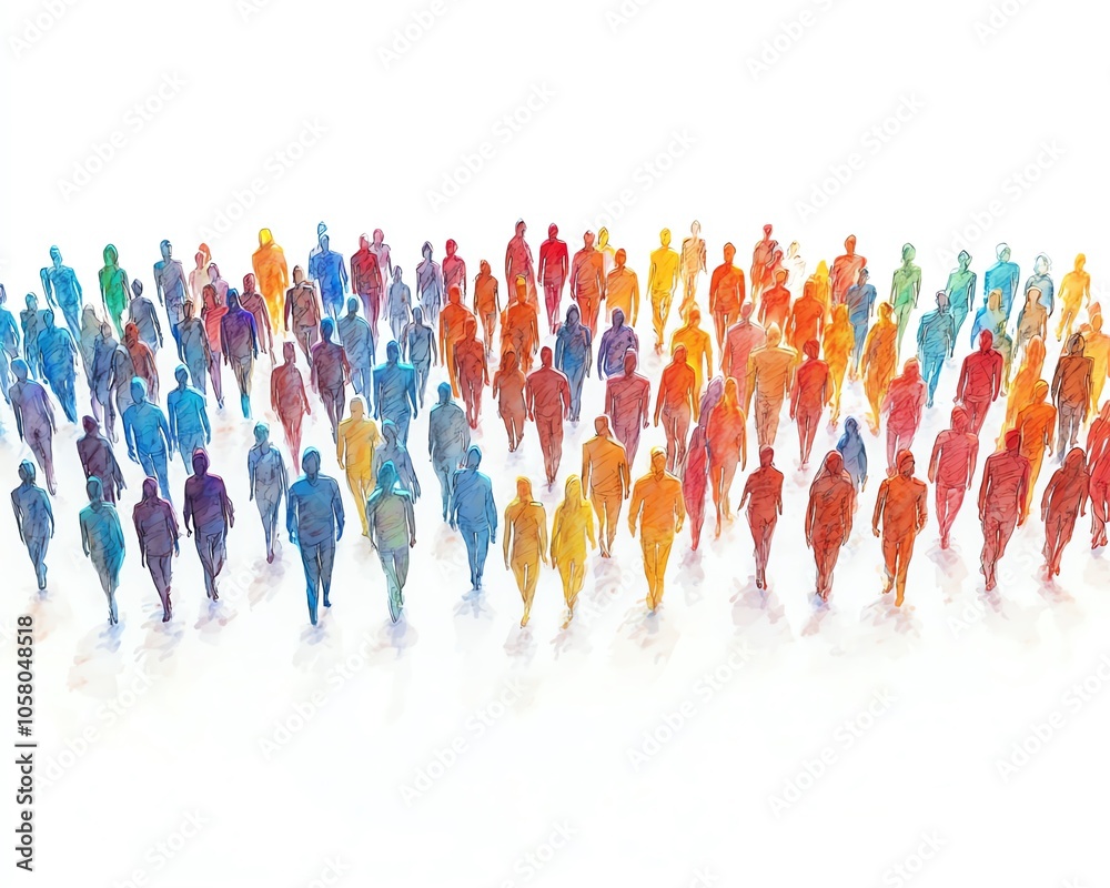 Inclusive, minimalistic crowd of people in vibrant colors, various body ...