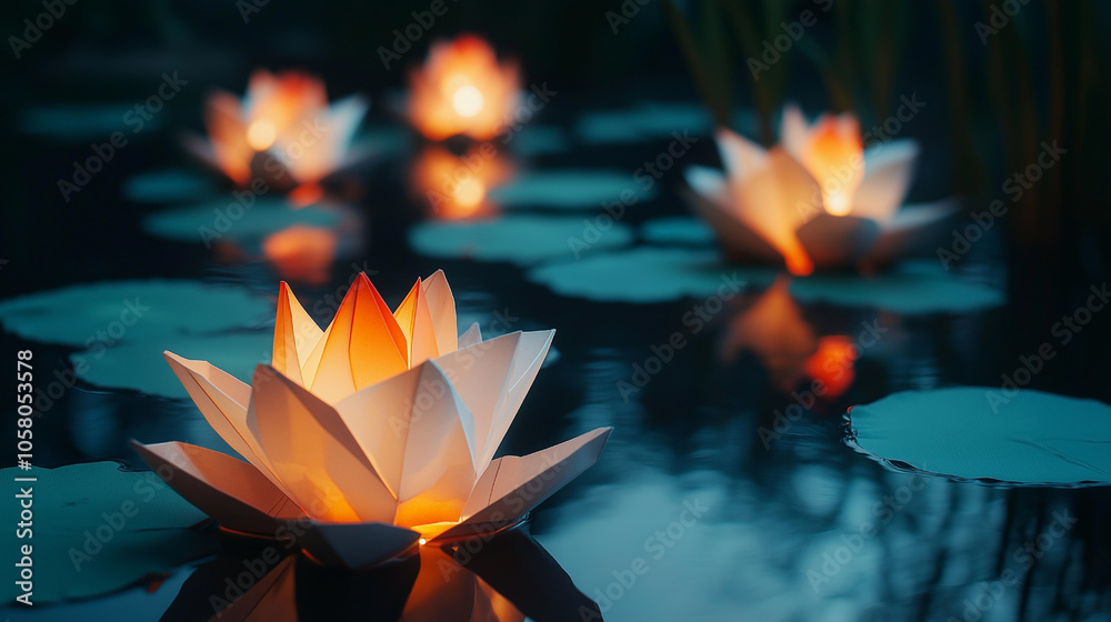 High-Detail Photo of Floating Paper Origami Lotus Flowers with ...