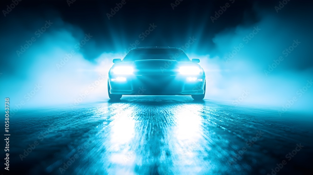 Nighttime police pursuit in dense fog, flashing lights illuminating the ...