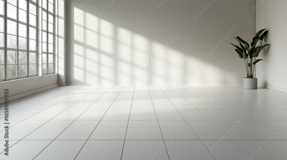 Minimalist empty room with large windows, white tiled floor, and a ...