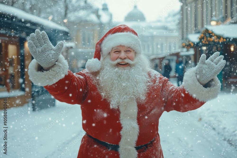 Santa Claus with open arms in a snow covered street joyfully welcoming ...
