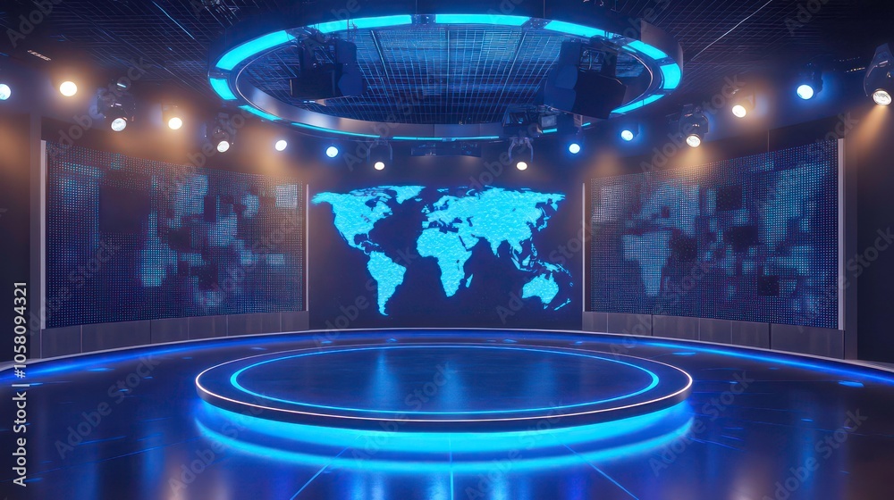 Empty news studio with a large world map behind a circular stage. Stock ...