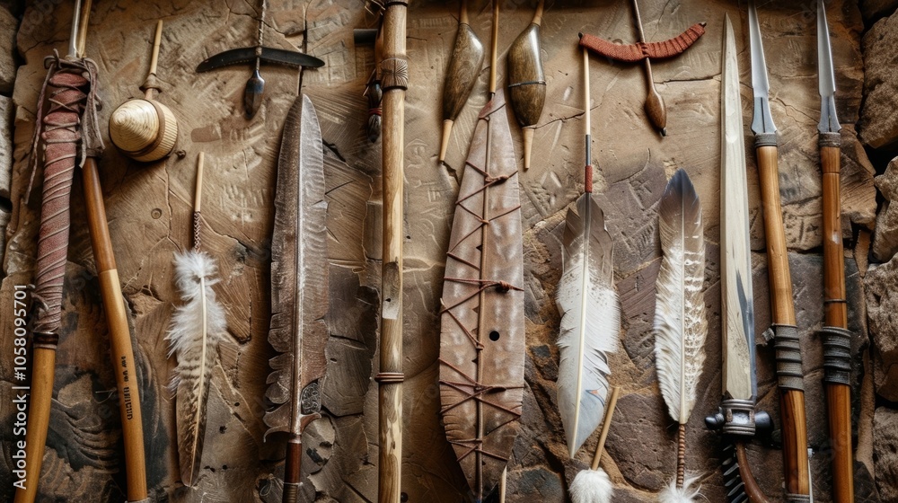 A display of traditional weapons and tools used by Native American ...