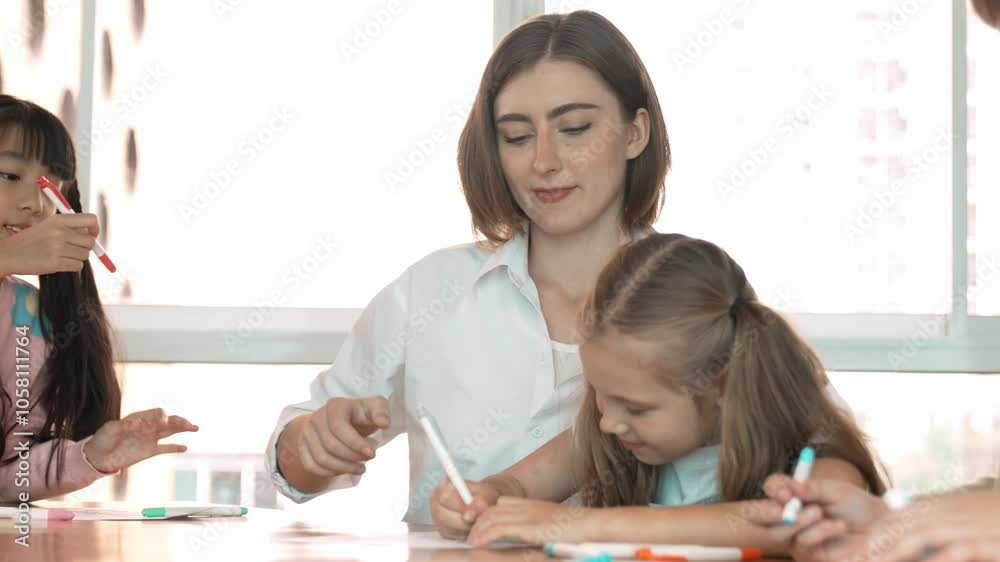 Panorama shot of happy diverse student and smart teacher drawing and ...