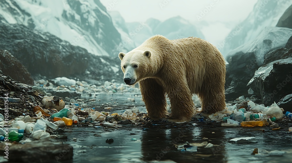 Polar bear struggles amidst environmental pollution in glacial ...