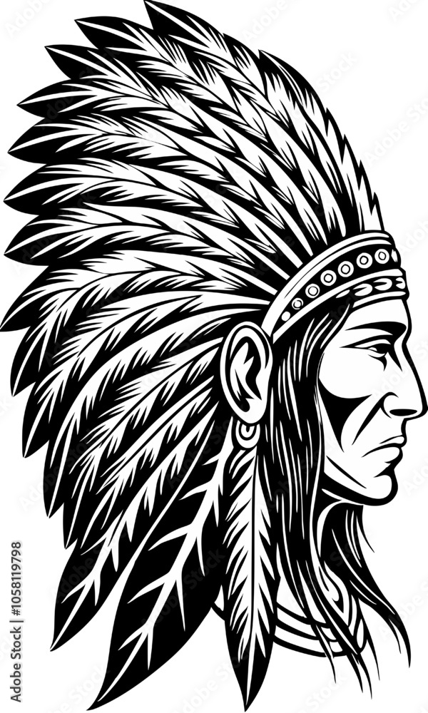 Native American Chief Profile: A striking black and white illustration ...