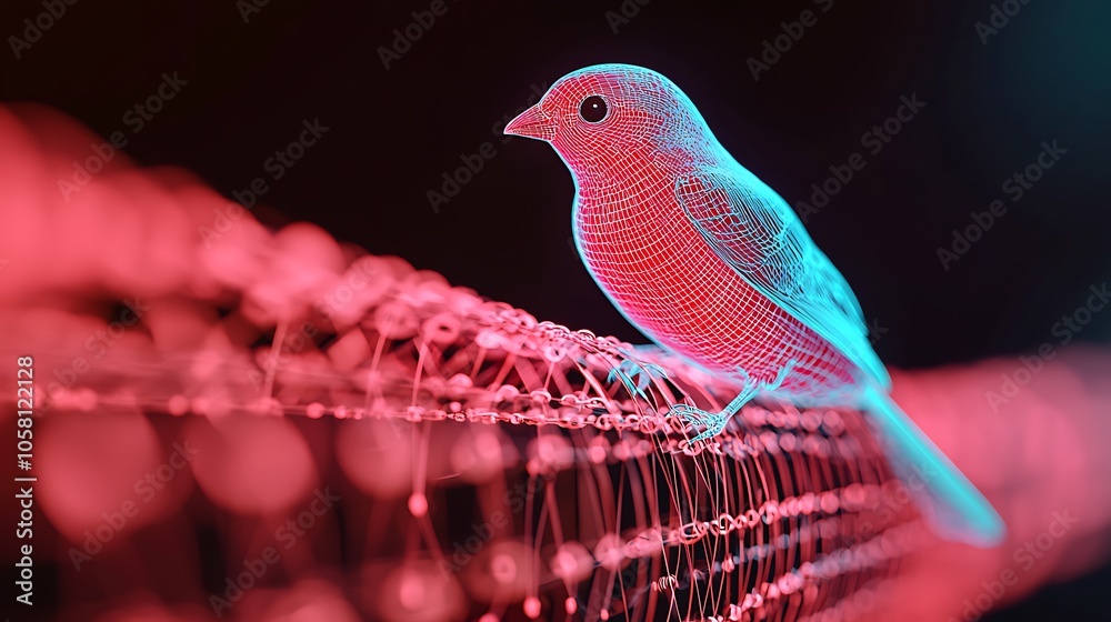 A vibrant 3D wireframe representation of a bird perched on a mesh fence ...
