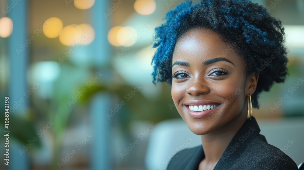 Joyful employee with blue hair in a wheelchair shares laughs during an ...