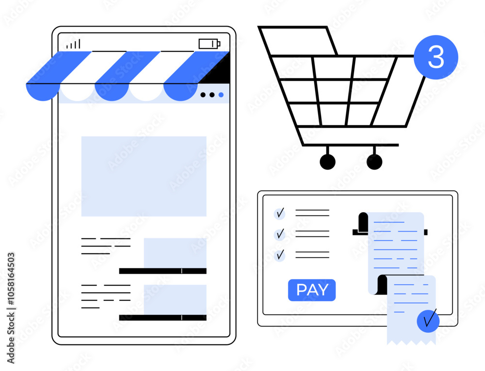 Mobile storefront with blue awning, shopping cart with 3 items, online ...