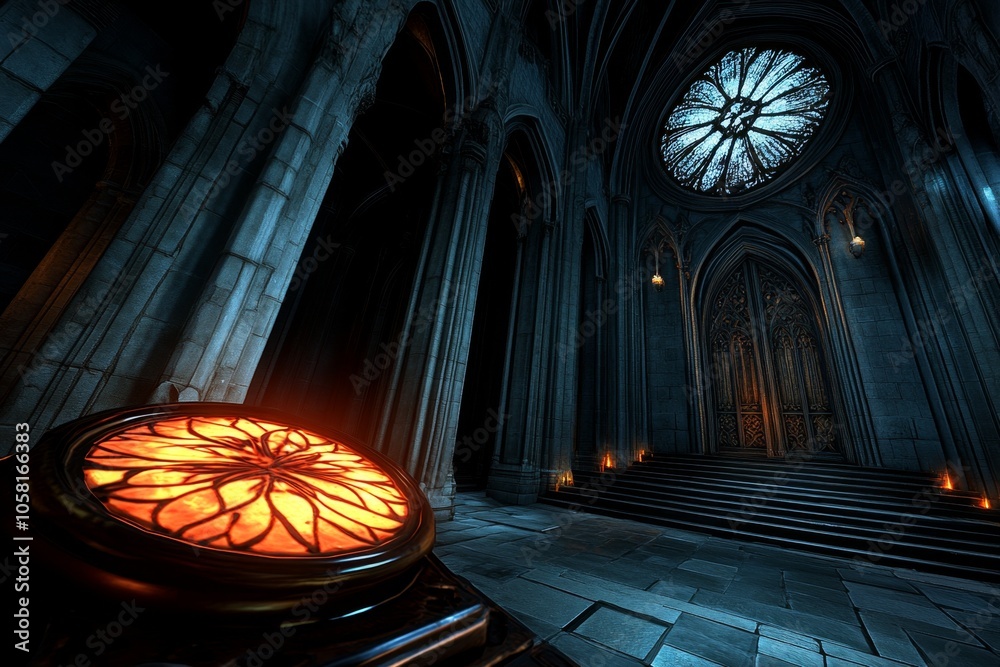 ภาพประกอบสต็อก Gothic-inspired interrogation room with dim candlelight ...