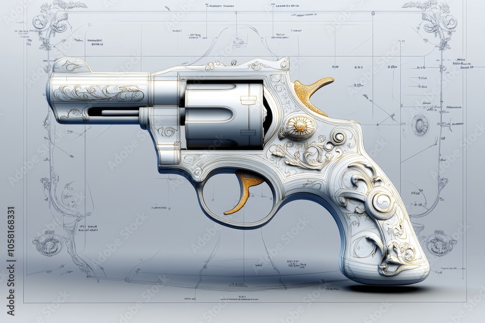 Outline of a revolver with exaggerated curves and simple shading ...