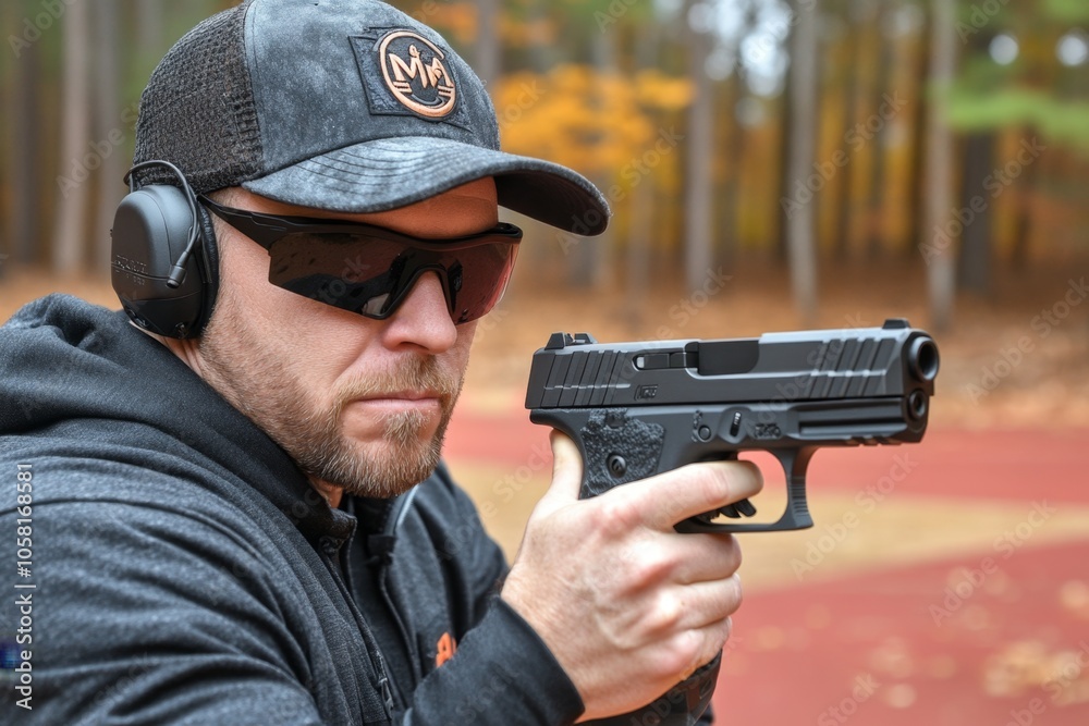 Person holding a handgun at a shooting range, with intense focus and a ...