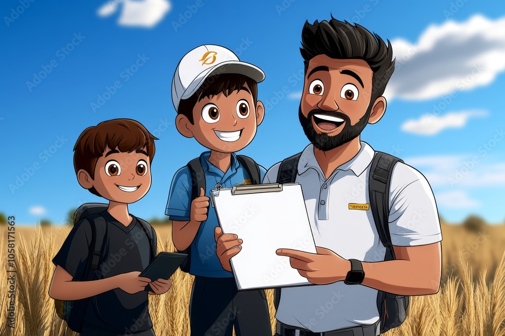 a 2D cartoon illustration of a school field trip with students taking ...