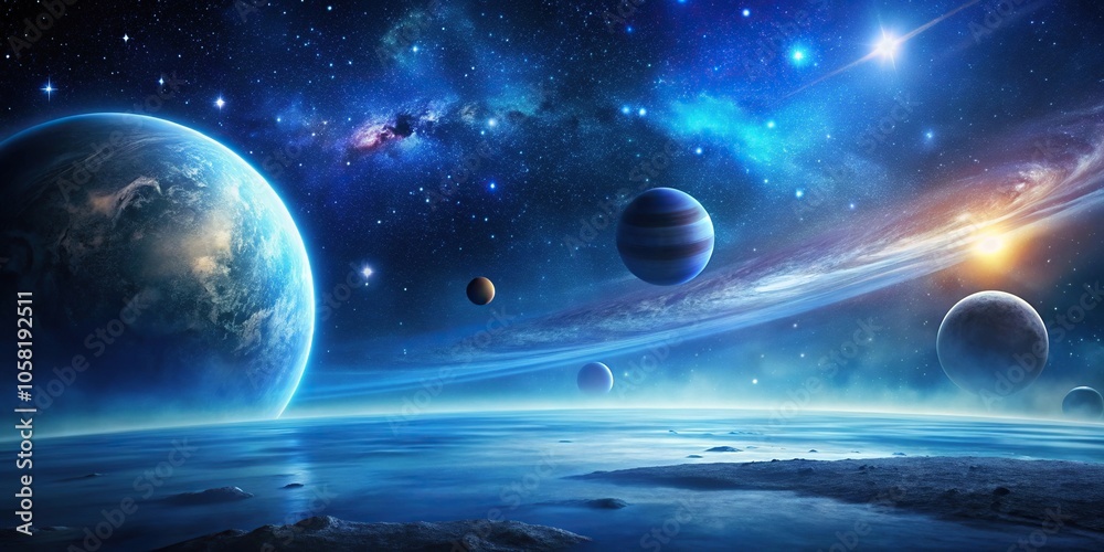 Galactic landscape with stars and planets in a deep blue sky, stellar ...