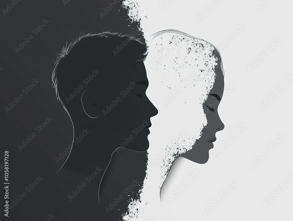 Black and white vector illustration of two faces, one male with short ...
