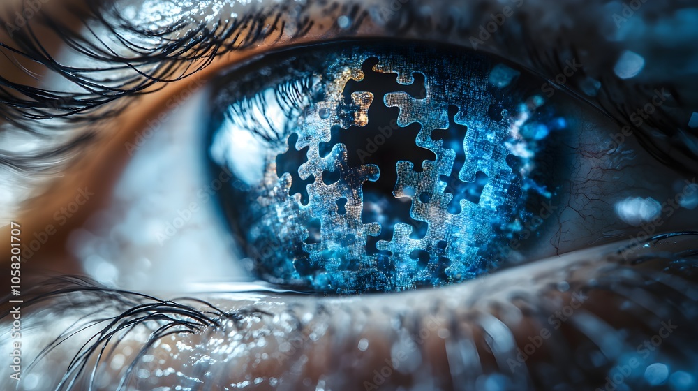 Iris of an eye transforming into floating puzzle pieces revealing ...