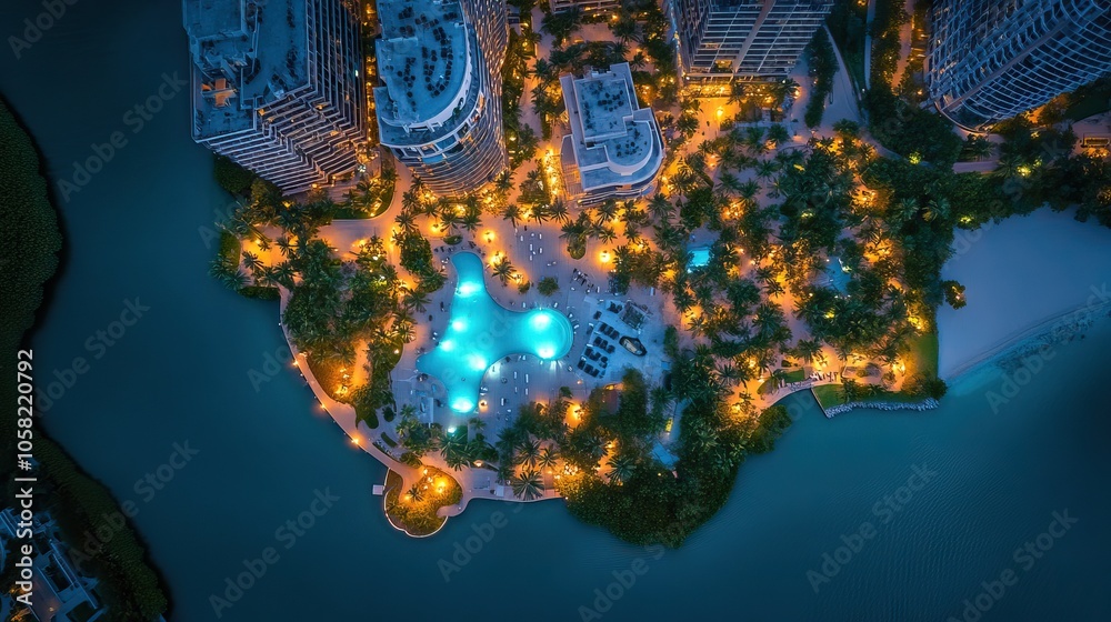 Aerial panorama of Brickell Key in Miami, Florida. Brickell Key (also ...
