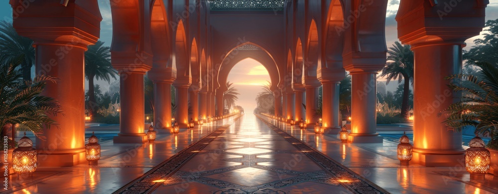 Luxurious Arabian Resort Hotel Corridor with Lanterns and Lighted ...