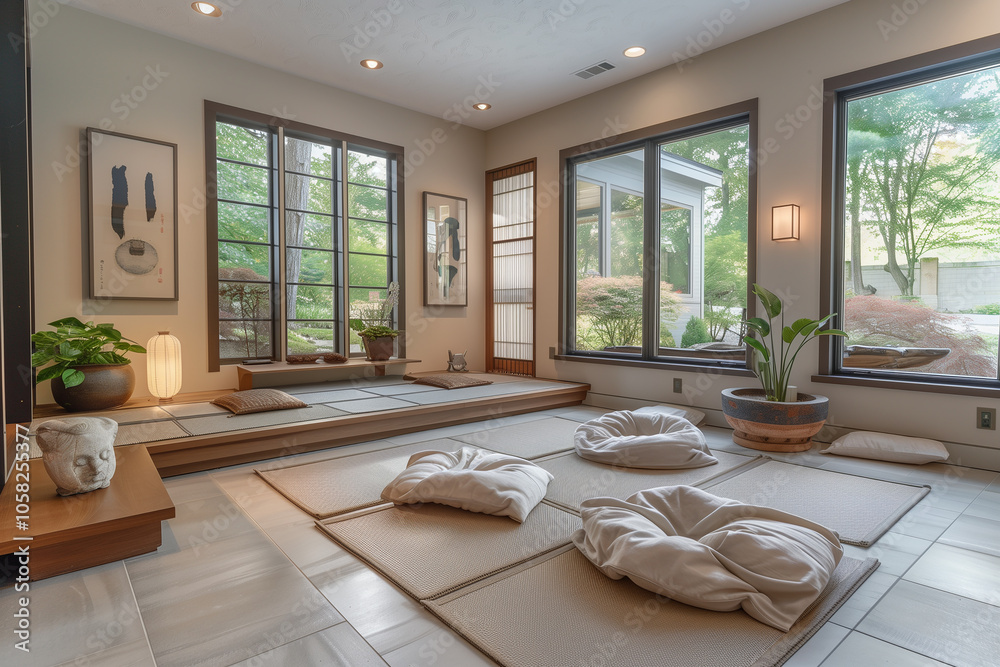 Modern Zen meditation room with tatami mats, low seating, minimal decor ...
