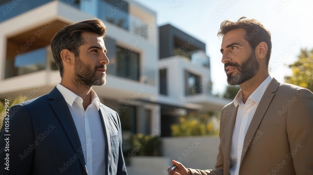 Real estate agent and client negotiating in front of a luxury home ...