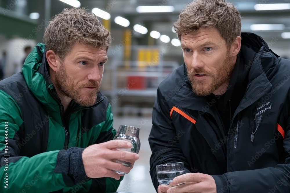 Detective handing a suspect a glass of water, with an intense ...